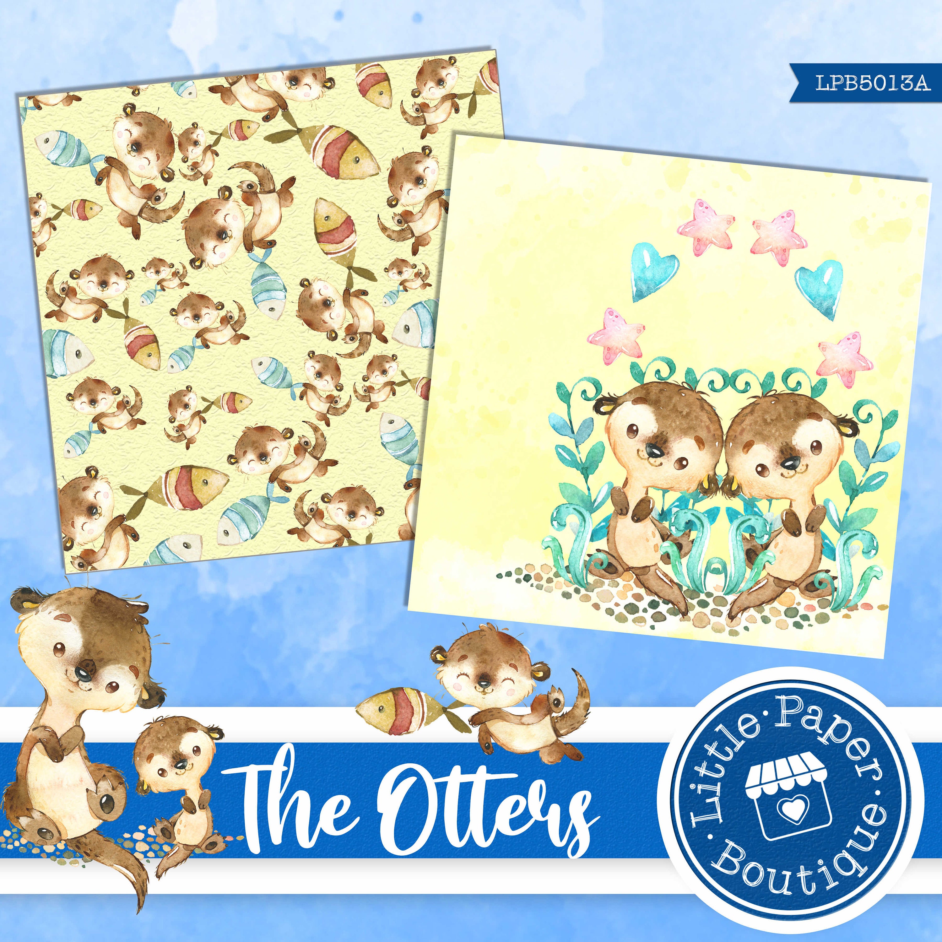 Otter Scrapbook Papers,watercolor Otters,cute Otters and Sea Creatures ...