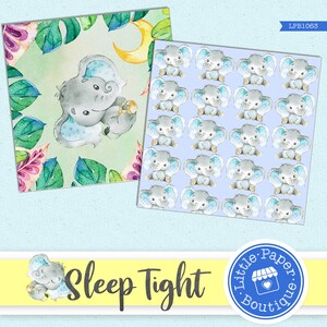 Baby Boy Digital Paper, Baby Shower Scrapbook, Blue & Grey Elephant ...