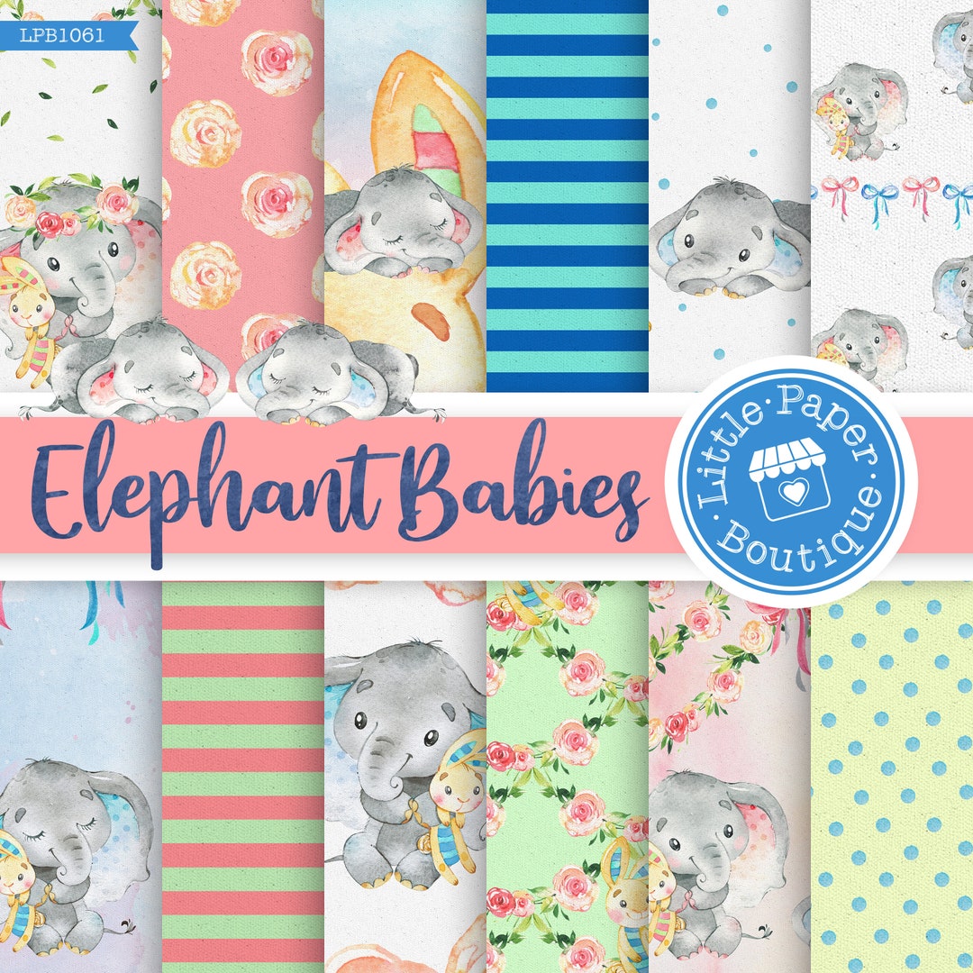 Baby Boy Digital Paper, Baby Shower Scrapbook, Blue & Grey Elephant ...