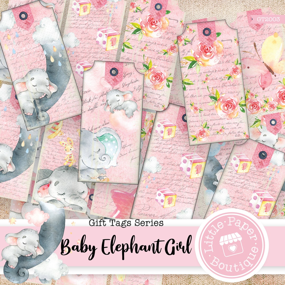 Baby Girl Elephant Junk Journal Gift Tags, Printable, Vintage, Journal ...