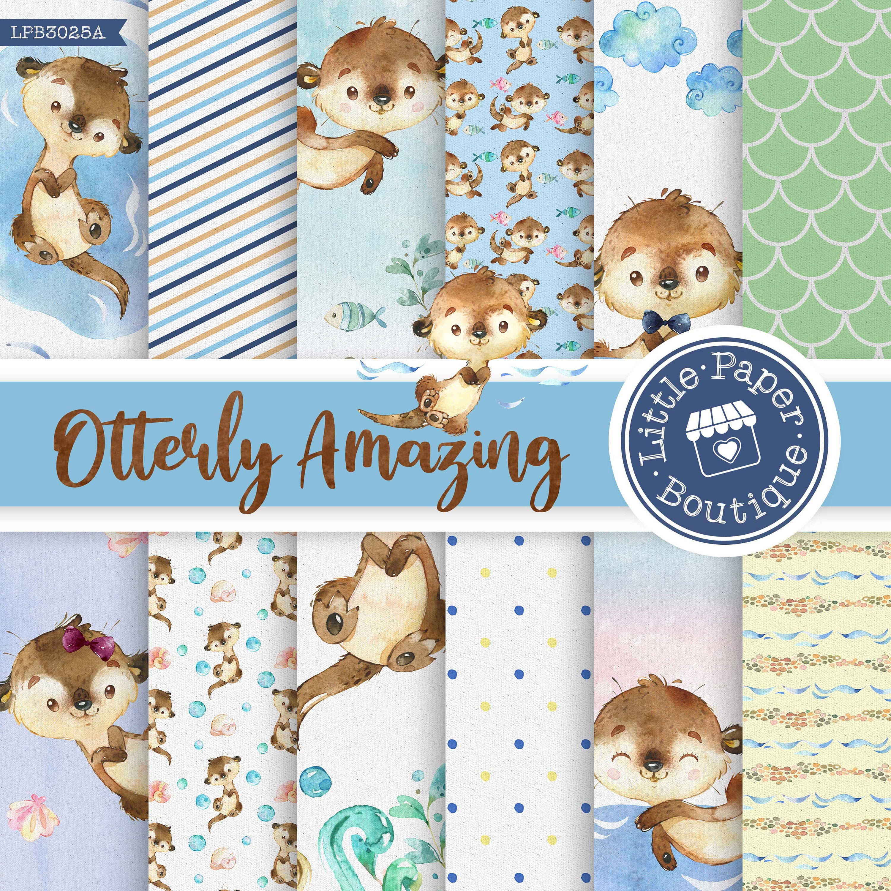 Otter Scrapbook Papers,watercolor Otters,cute Otters and Sea Creatures ...