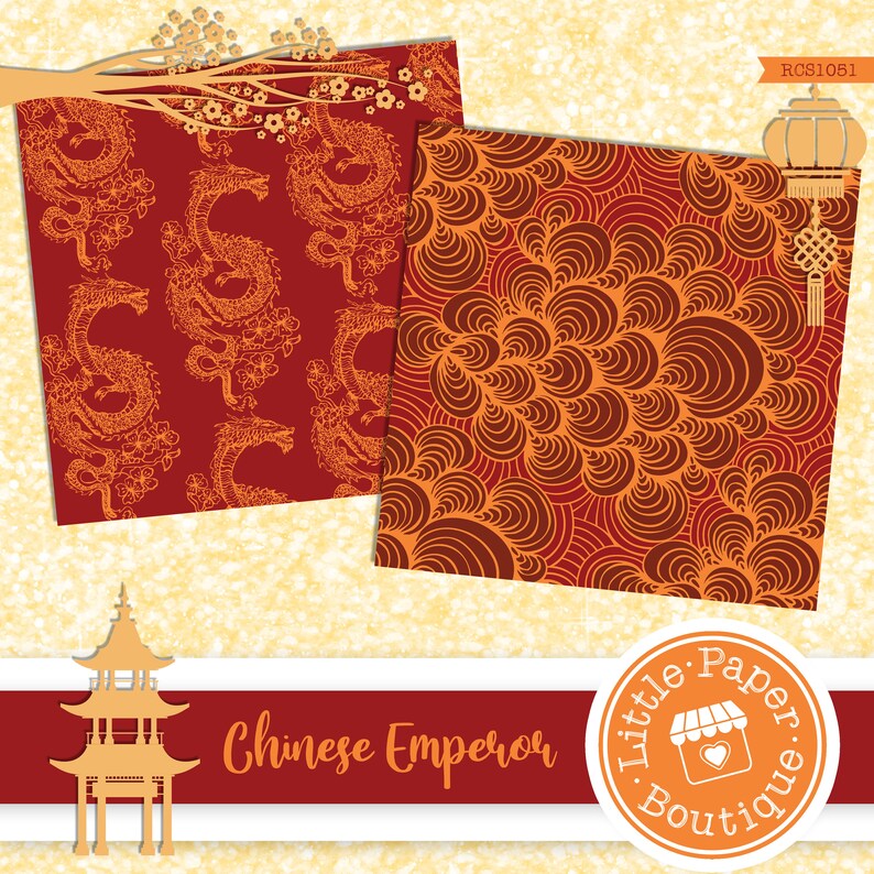 SEAMLESS Vintage Chinese Dragon Art Digital Paper Pack. Red & Gold ...