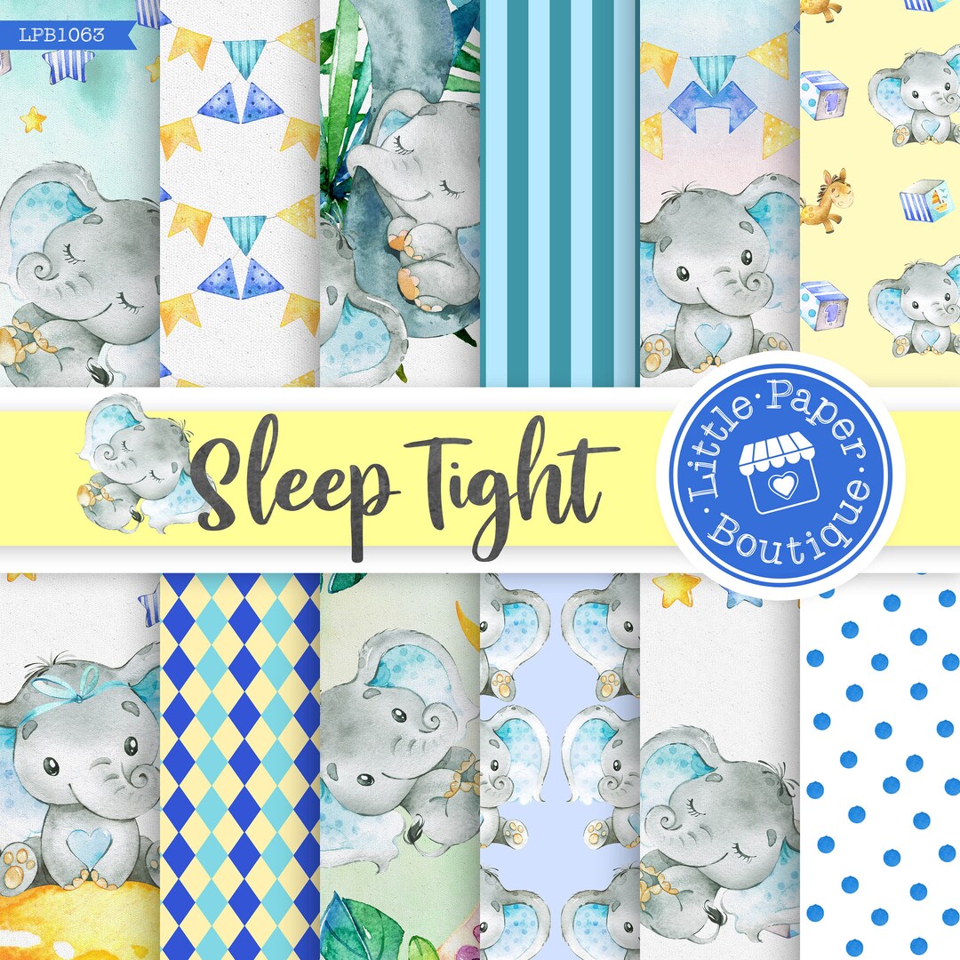 Baby Boy Digital Paper, Baby Shower Scrapbook, Blue & Grey Elephant ...