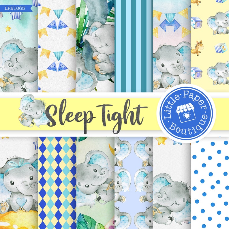 Baby Boy Digital Paper, Baby Shower Scrapbook, Blue & Grey Elephant ...