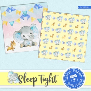 Baby Boy Digital Paper, Baby Shower Scrapbook, Blue & Grey Elephant ...