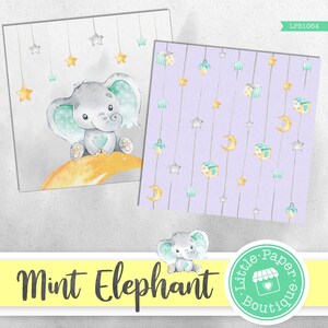 Baby Boy Digital Paper, Baby Shower Scrapbook, Blue & Grey Elephant ...