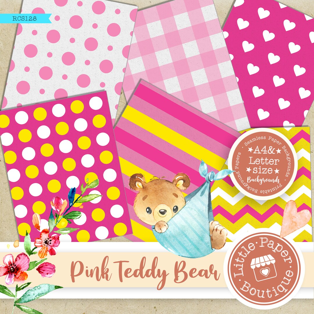 Seamless Pink Teddy Bear Digital Papers, Teddy Bear Clipart, Girl Baby ...