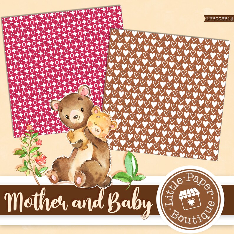 Mom Baby Bear Digital Paper Mother Baby Bear Woodland | Etsy