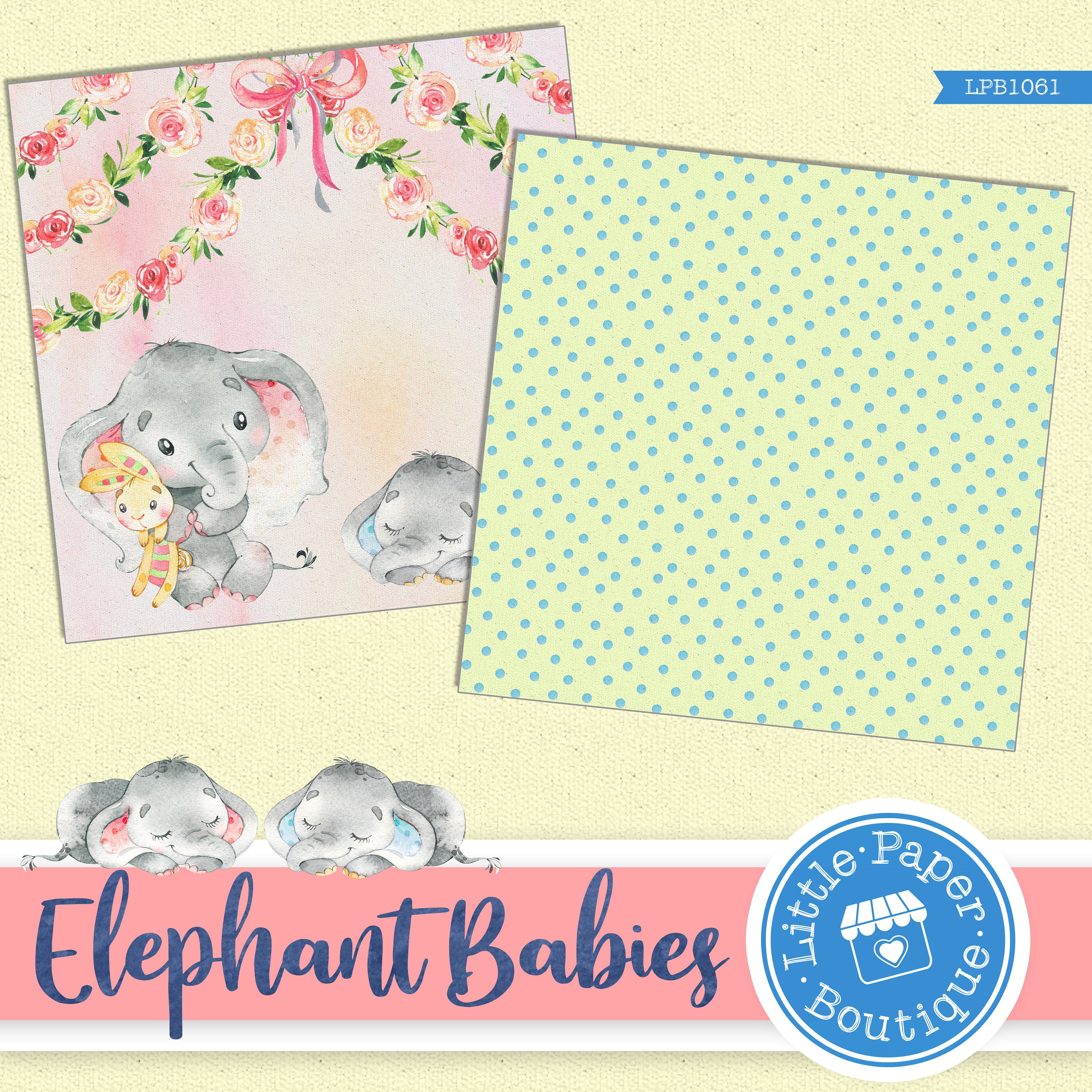 Baby Boy Digital Paper, Baby Shower Scrapbook, Blue & Grey Elephant ...