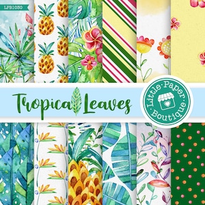 Tropical Leaves Digital Paper, Tropical Paper, Tropical Watercolor ...