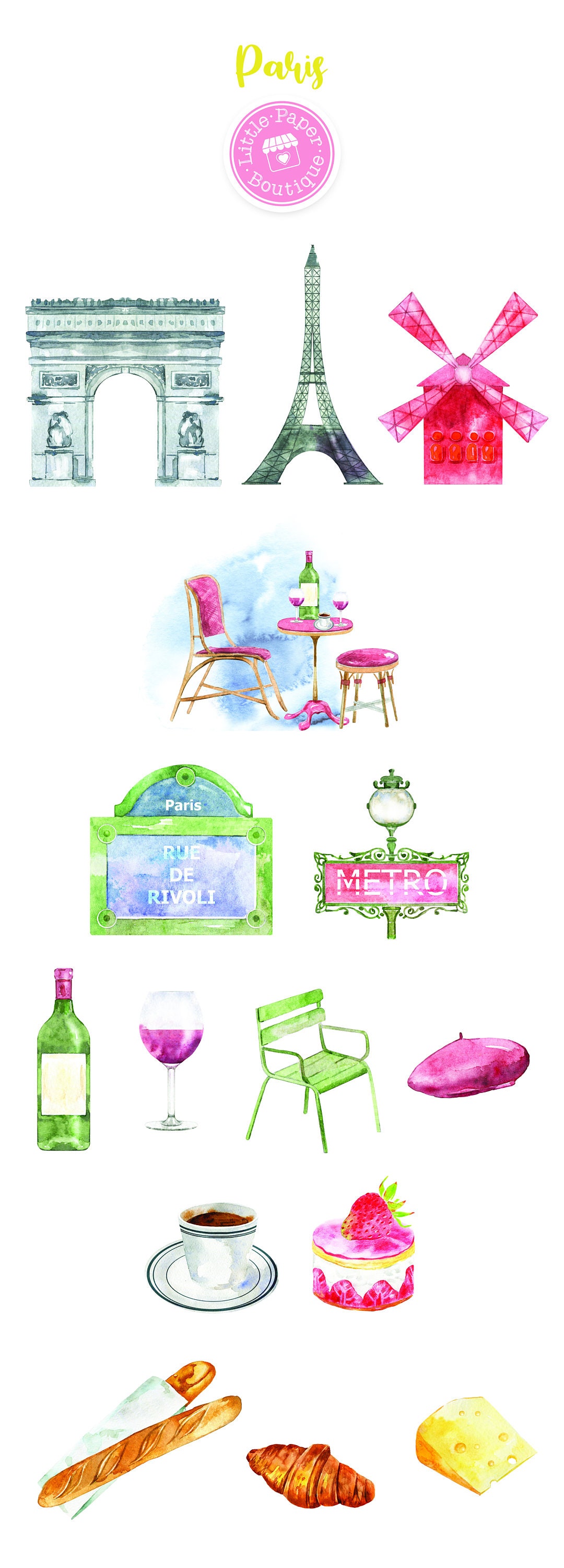 Paris Watercolor Clipart, France, Eiffel Tower, France, Roses Flowers ...