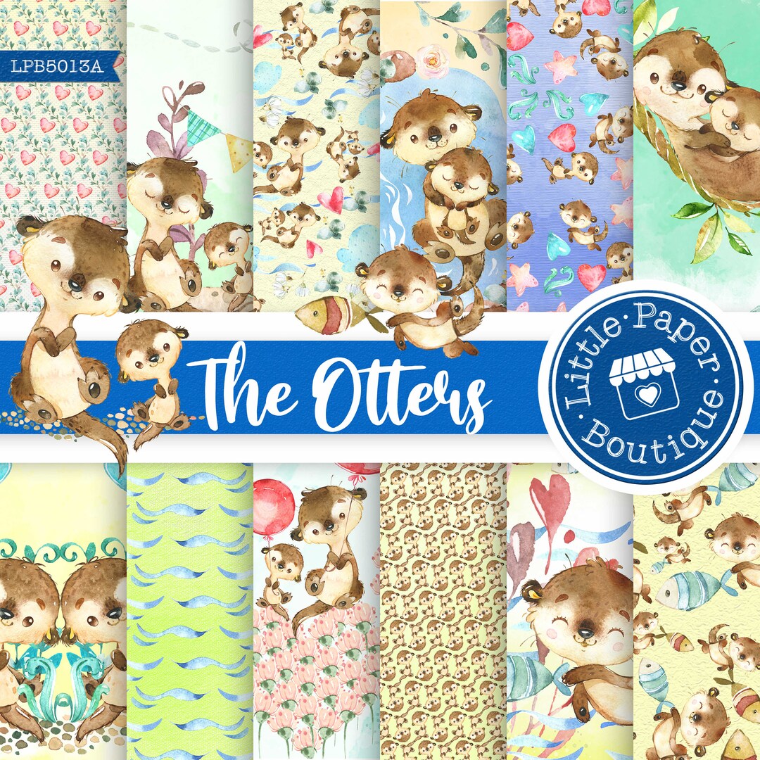 Otter Scrapbook Papers,watercolor Otters,cute Otters and Sea Creatures ...