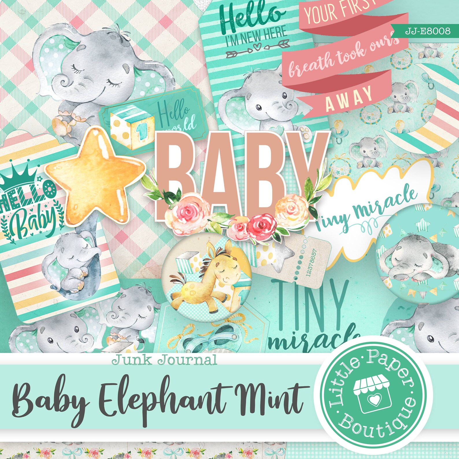 Baby Elephant Junk Journal Kit (FULL KIT) Gender Neutral (in Mint) With ...