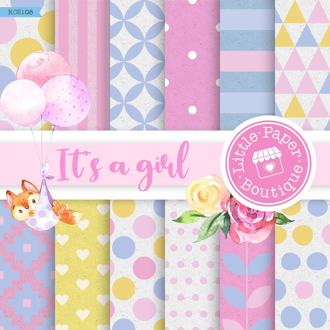 Baby Girl Digital Paper, Baby Presents, Baby Shower, Baby Elephant ...
