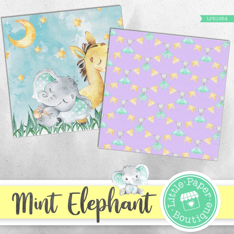 Baby Boy Digital Paper, Baby Shower Scrapbook, Blue & Grey Elephant ...