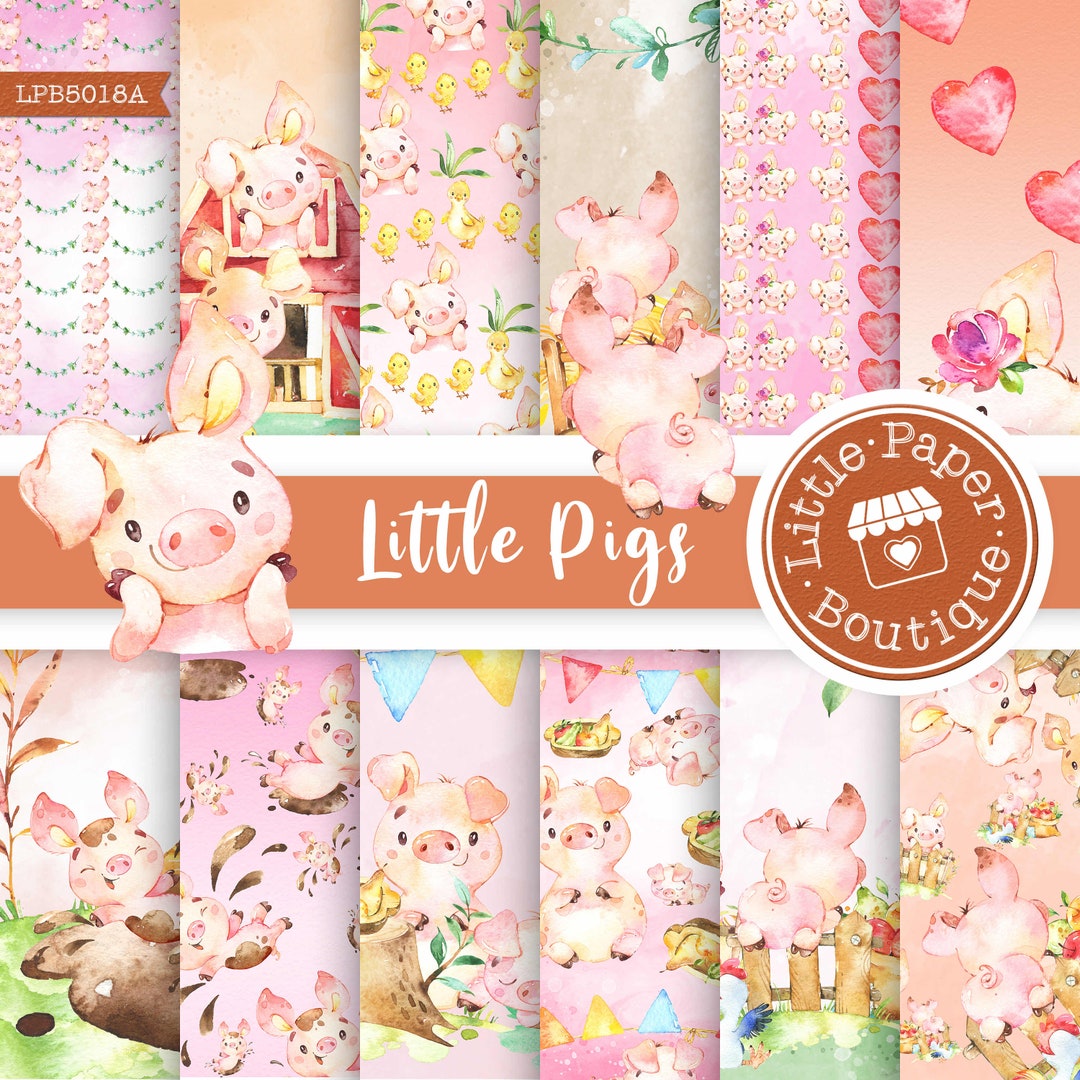 Pig Piglet Farmland Digital Paper and Clip Art, Farm Animal Digital ...