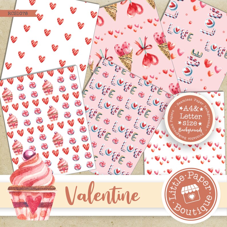 SEAMLESS A4 Letter 12x12 Valentine Lovey Girl Pinks Digital Paper Pack ...