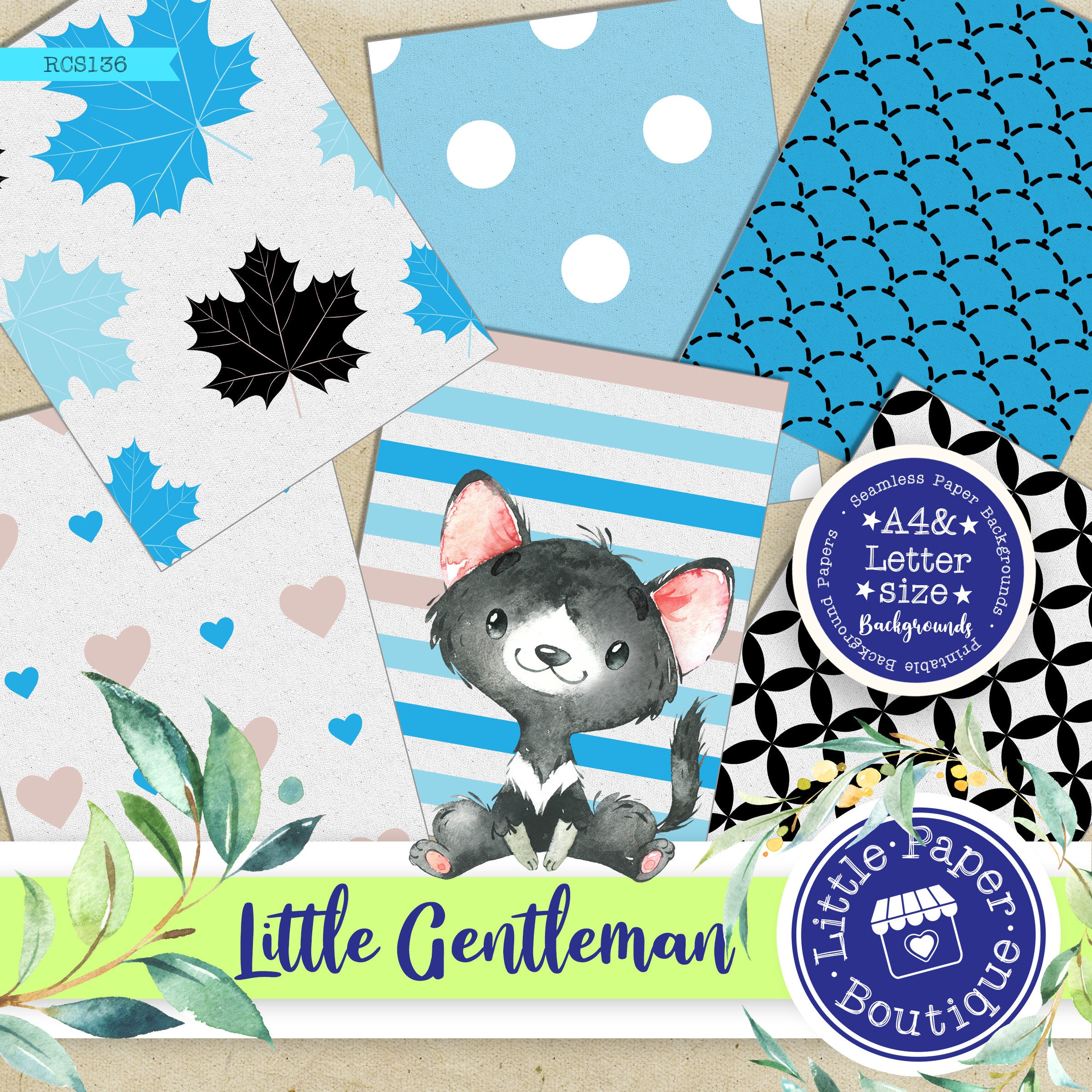 Seamless Baby Boy Digital Paper, Baby Shower, Blue & Grey Elephant BA4 ...