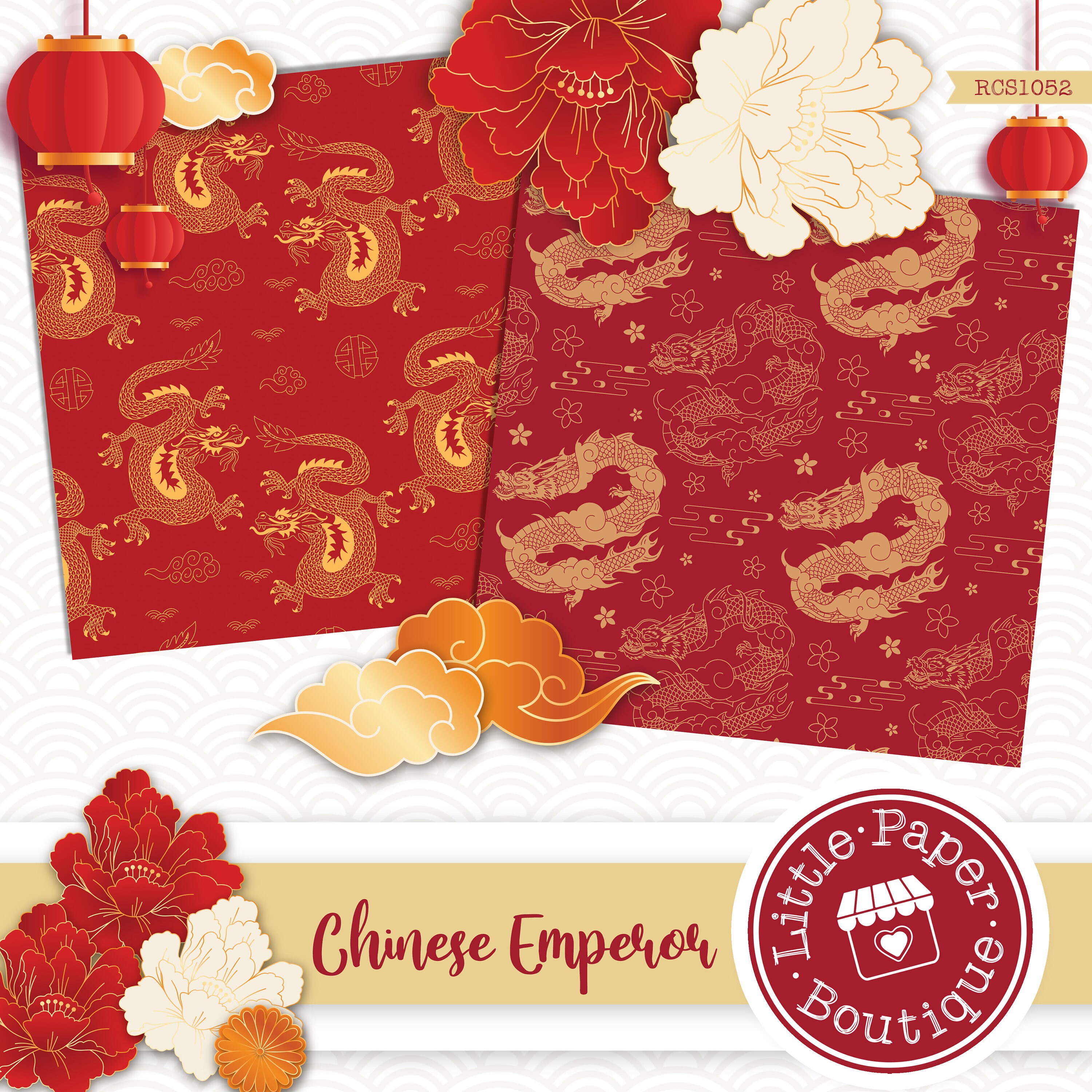 SEAMLESS Vintage Chinese Dragon Art Digital Paper Pack. Red & Gold ...