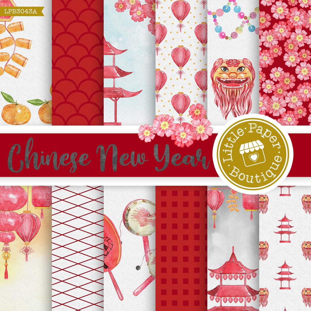 Vintage Chinese Dragon Art Digital Paper Pack. Red & Gold Chinese Paper ...