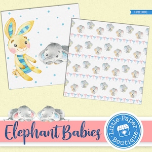Baby Boy Digital Paper, Baby Shower Scrapbook, Blue & Grey Elephant ...