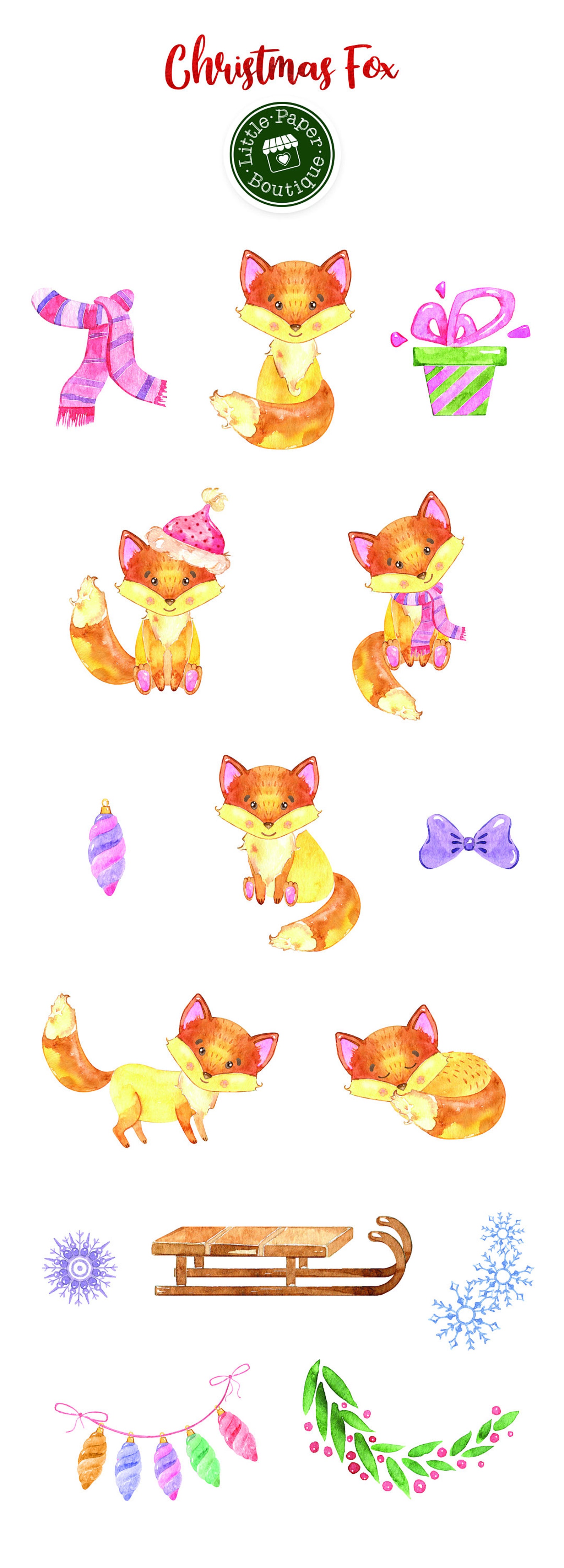 Christmas Woodland Clipart Commercial Use Fox Clipart | Etsy