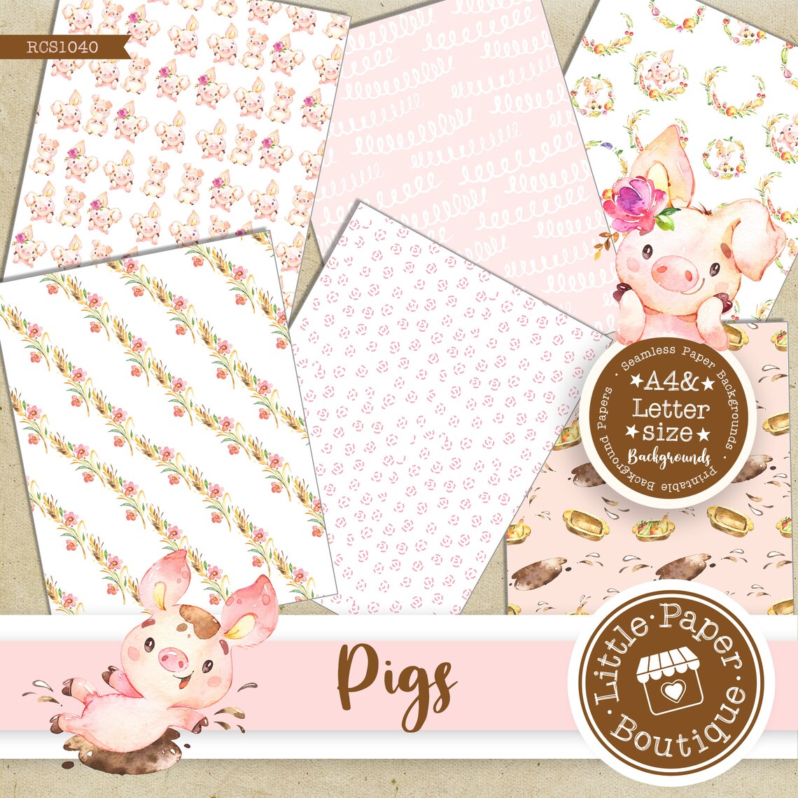 SEAMLESS A4 Letter Pig Piglet Farmland Digital Paper and Clip Art, Farm ...