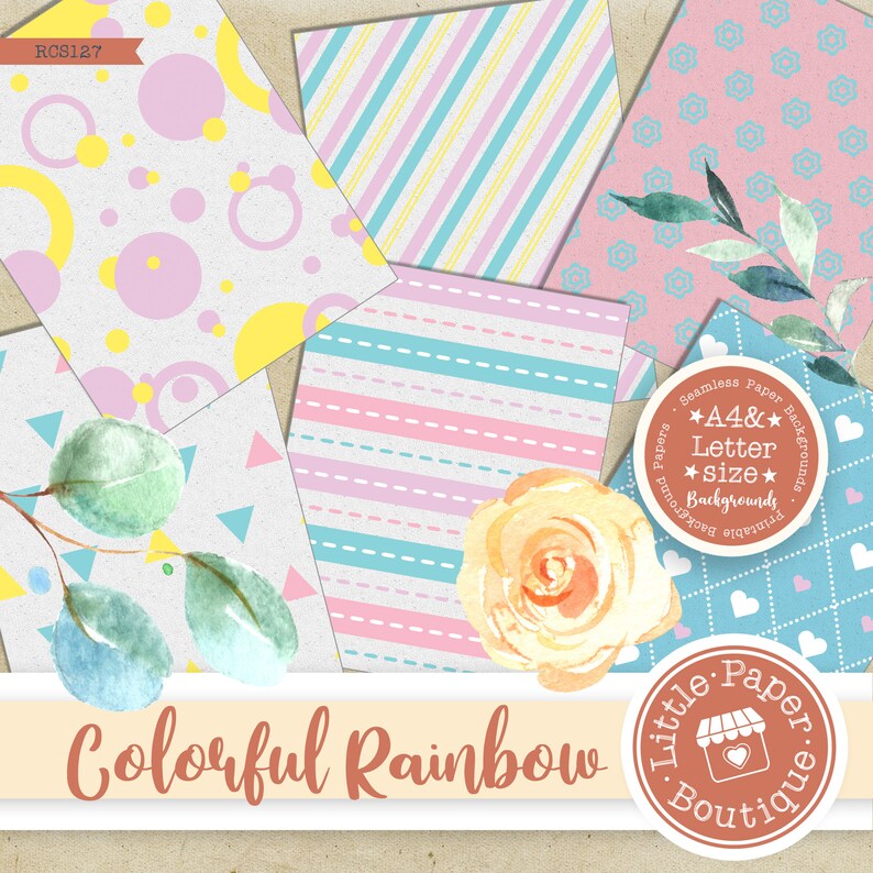 SEAMLESS A4 Letter Rainbow Digital Paper Set - Stripe, Polka, Chevron ...