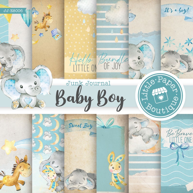 Baby Elephant Boy Digital Junk Journal Kit (FULL KIT) Ephemera Elements ...