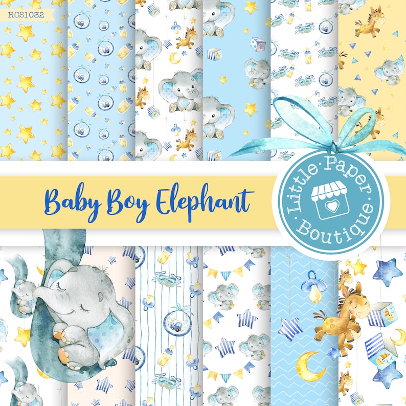 SEAMLESS Blue Elephant Baby Shower, Mint and Gray Elephant Baby Shower ...