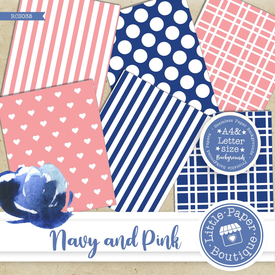 Seamless Navy Pink Digital Paper Set Rainbow Patterned Paper, Polka ...