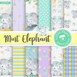 Baby Boy Digital Paper, Baby Shower Scrapbook, Blue & Grey Elephant ...