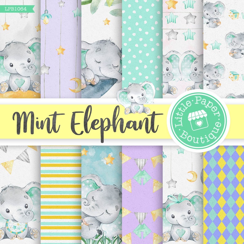 Baby Boy Digital Paper, Baby Shower Scrapbook, Blue & Grey Elephant ...