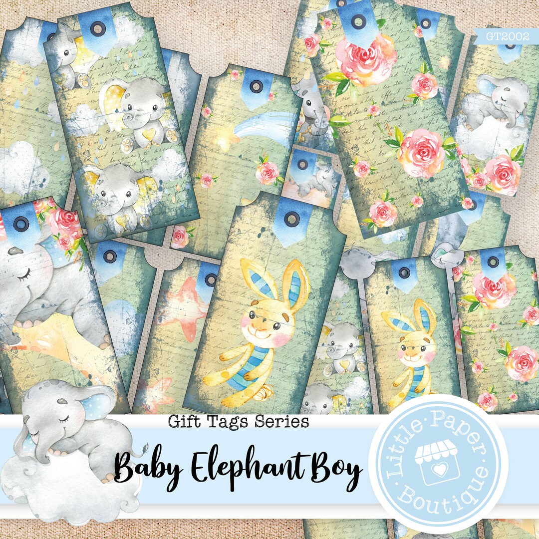 Baby Boy Elephant Junk Journal Gift Tags, Printable, Vintage, Journal ...