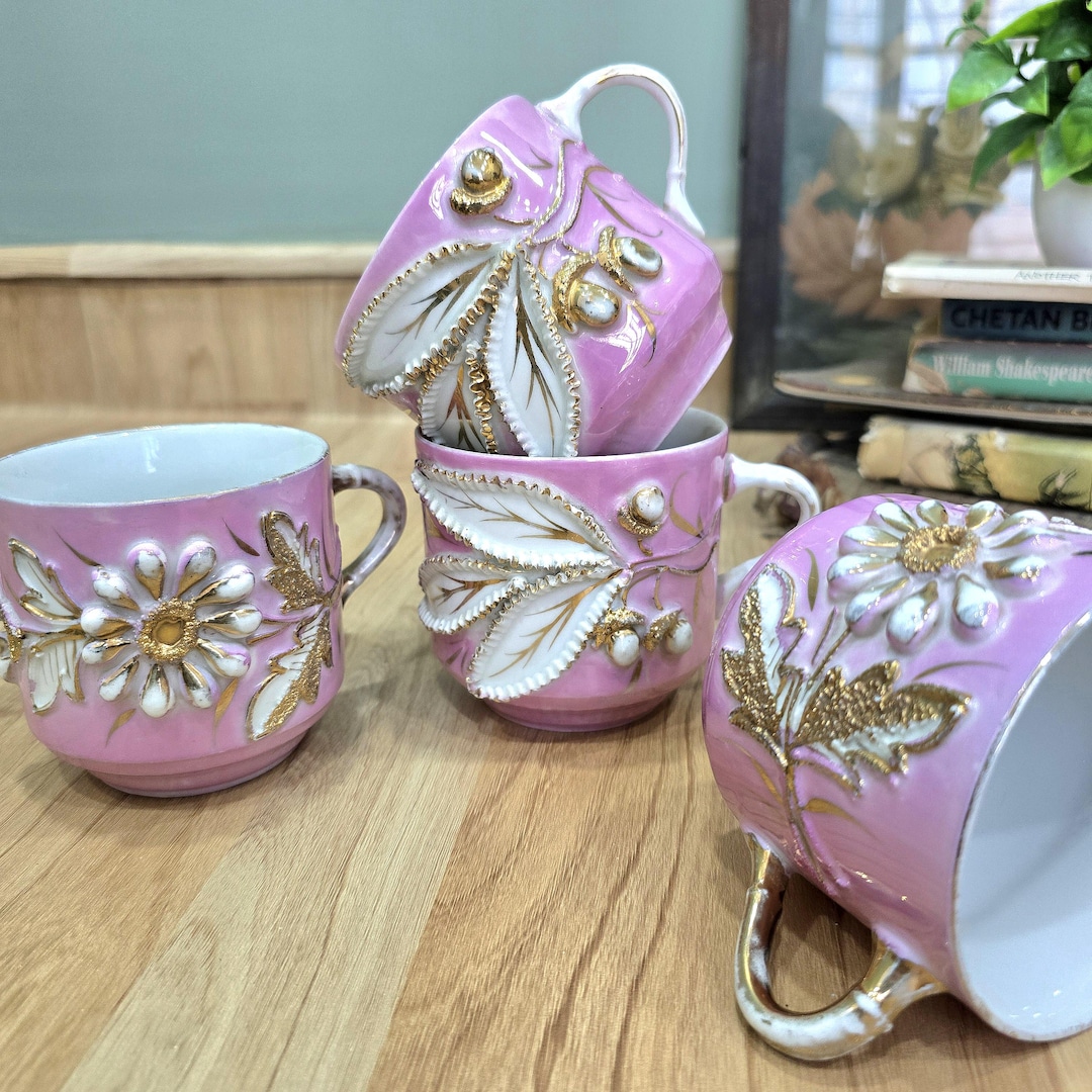 Antique Pink Lustreware Porcelain Tea Cups Set of 4 / 1970s Vintage Cup ...