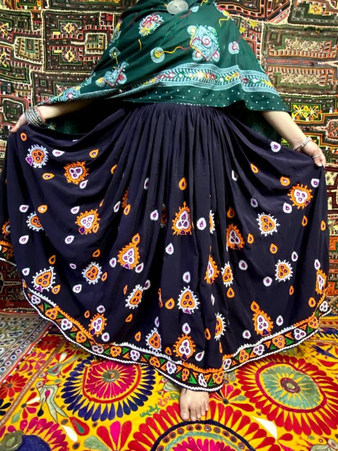 Vintage Banjara MOCHI-AARI Handmade Collectable Skirt/ Real Mirror Hand ...