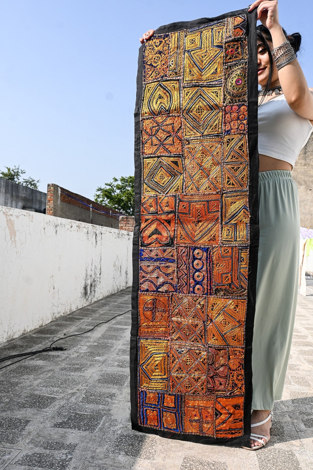 Vintage Antique Handmade Ethnic Pakistan Metallic Zari Mirror Work ...