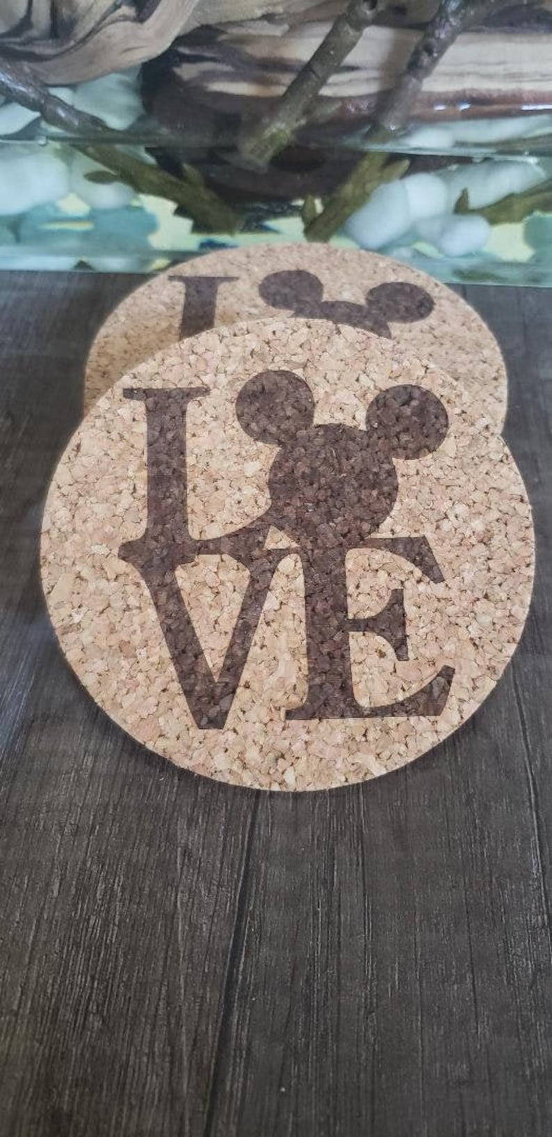 8 Pc Set Mickey Love Laser Engraved Cork Drink Coasters Free Shipping ...