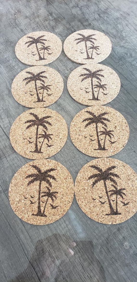 8 PC SET Palm Tree Coaster Laser Engraved Cork Drink Coasters | Etsy