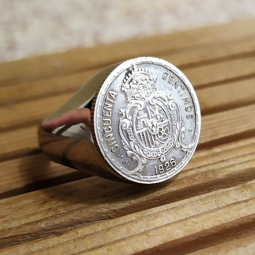 Signet Ring Genuine Silver Coin 50 Centimos Spain Handmade - Etsy