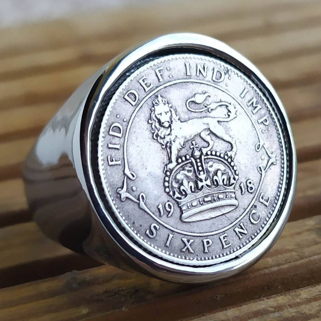 Signet Ring Genuine Silver Coin 6 Pence George V Stainless Steel Very ...