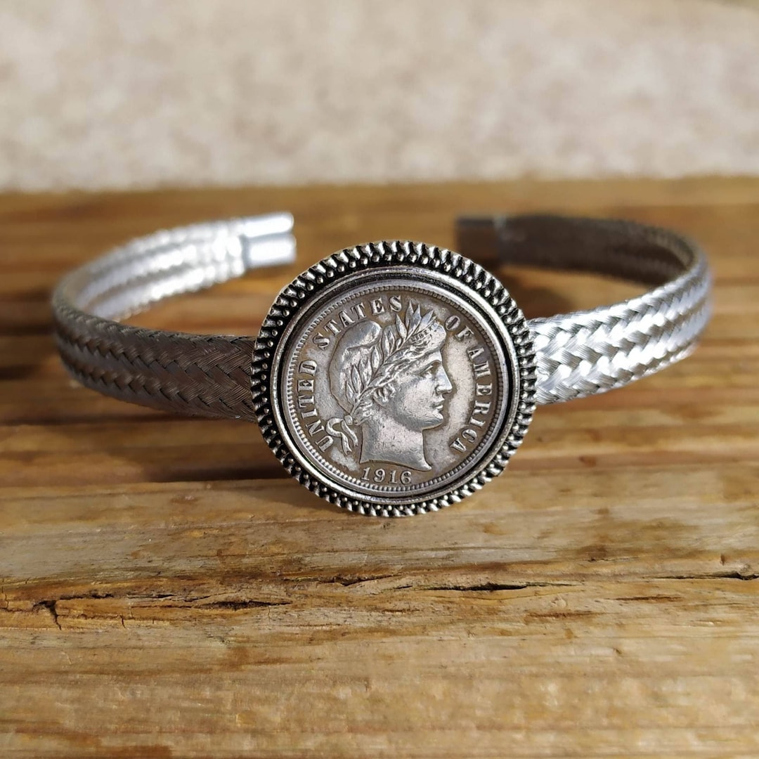 Real Silver Coin Bangle Bracelet 1 Dime Barber Dime in Stainless Steel ...