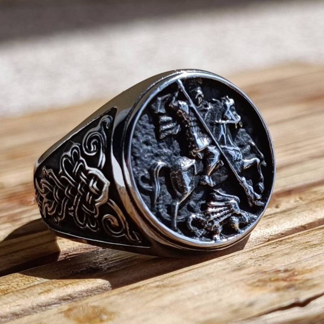 Saint George Signet Ring Slaying the Dragon, Solid Stainless Steel ...