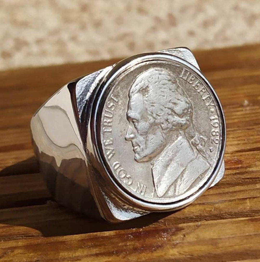 Genuine 5 Cent Jefferson Coin Signet Ring Nickel Stainless Steel Very ...