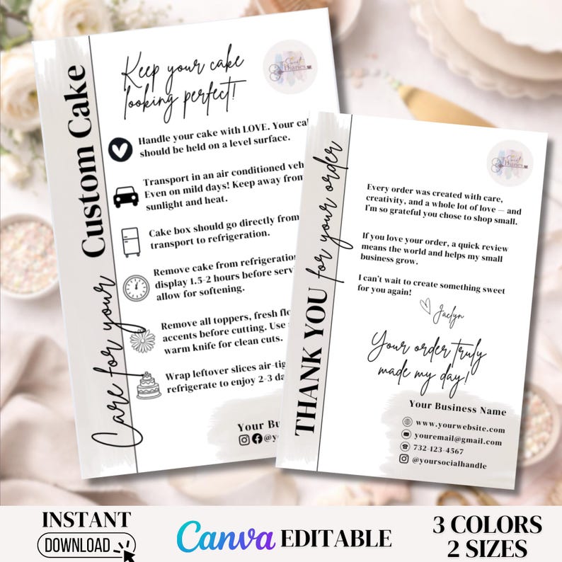 Editable Cake Care Card Template, Bakery Insert, Wedding Cake Guide ...