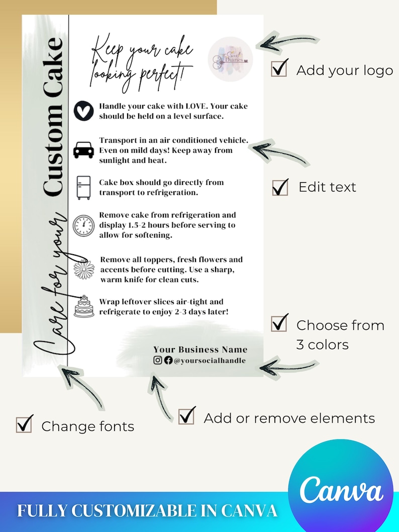 Editable Cake Care Card Template, Bakery Insert, Wedding Cake Guide ...