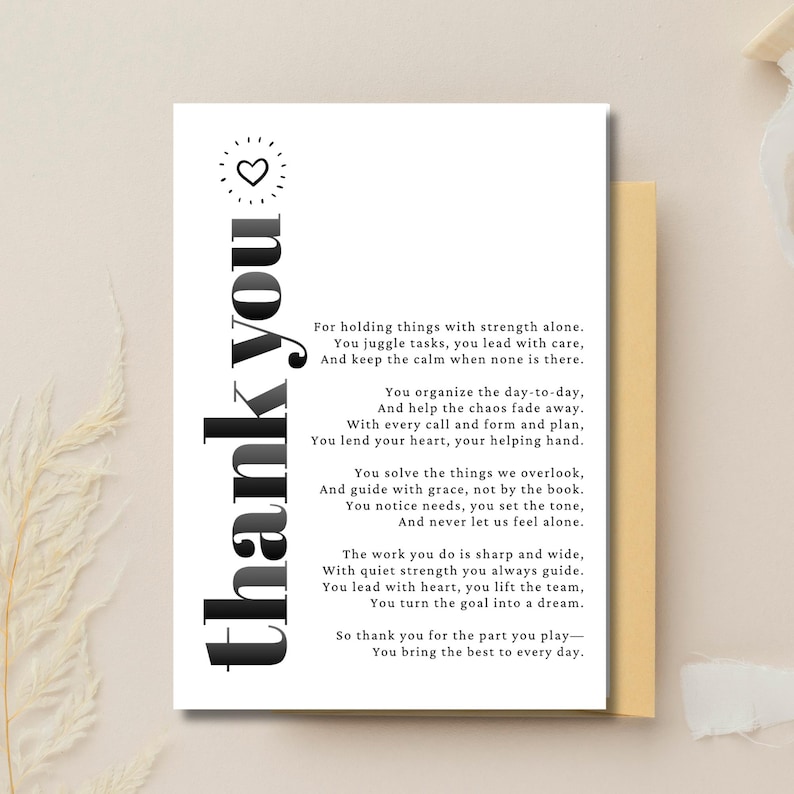 Office Manager Thank You Card Printable Poem Gift for Office Managers ...
