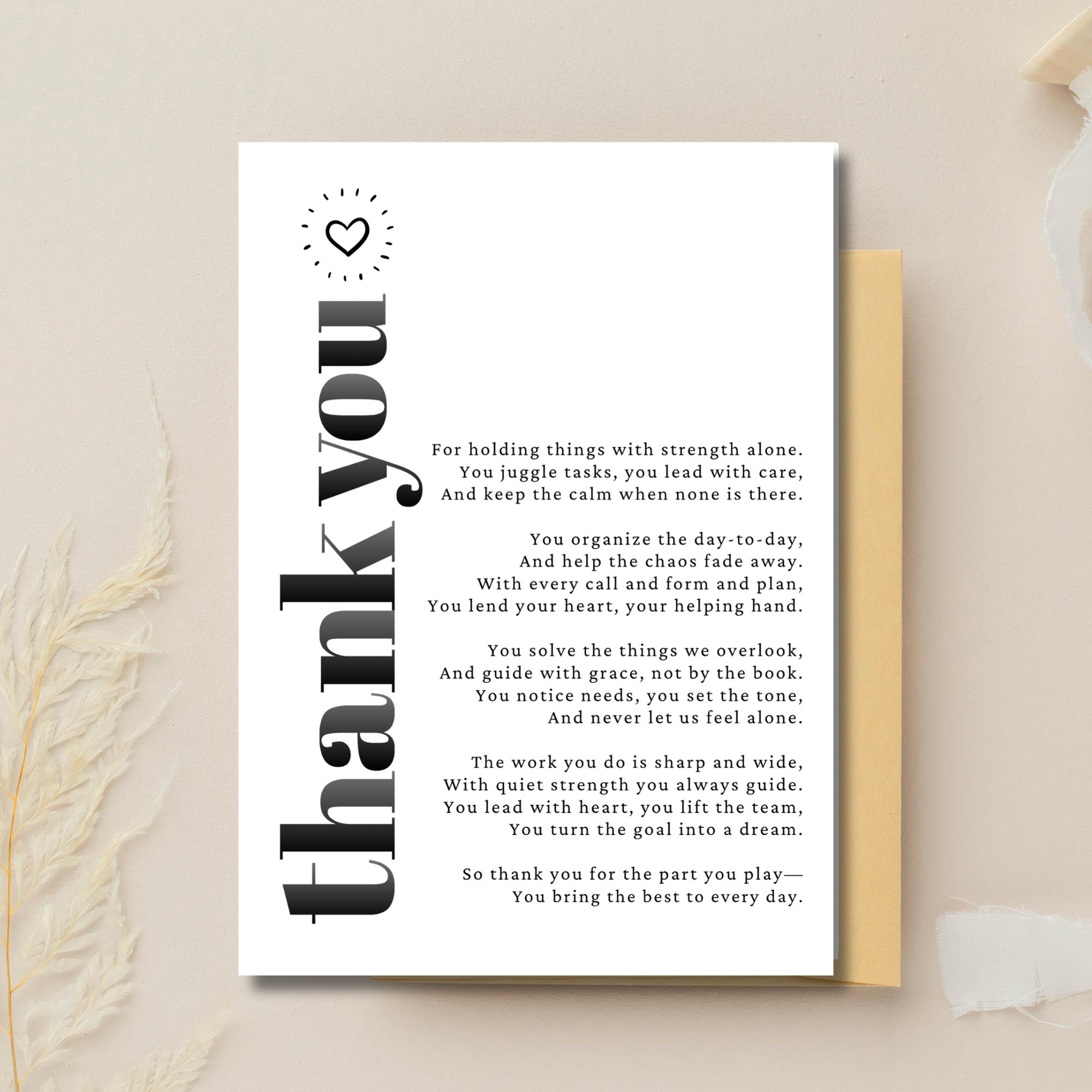 Office Manager Thank You Card Printable Poem Gift for Office Managers ...