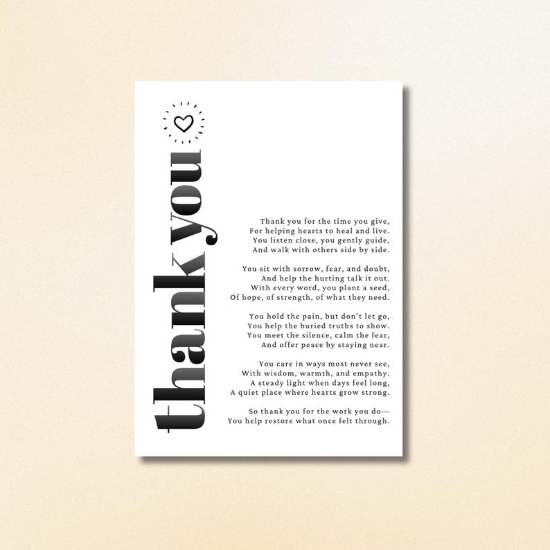 Counselor Thank You Card Printable Poem Gift for Counselor Appreciation ...