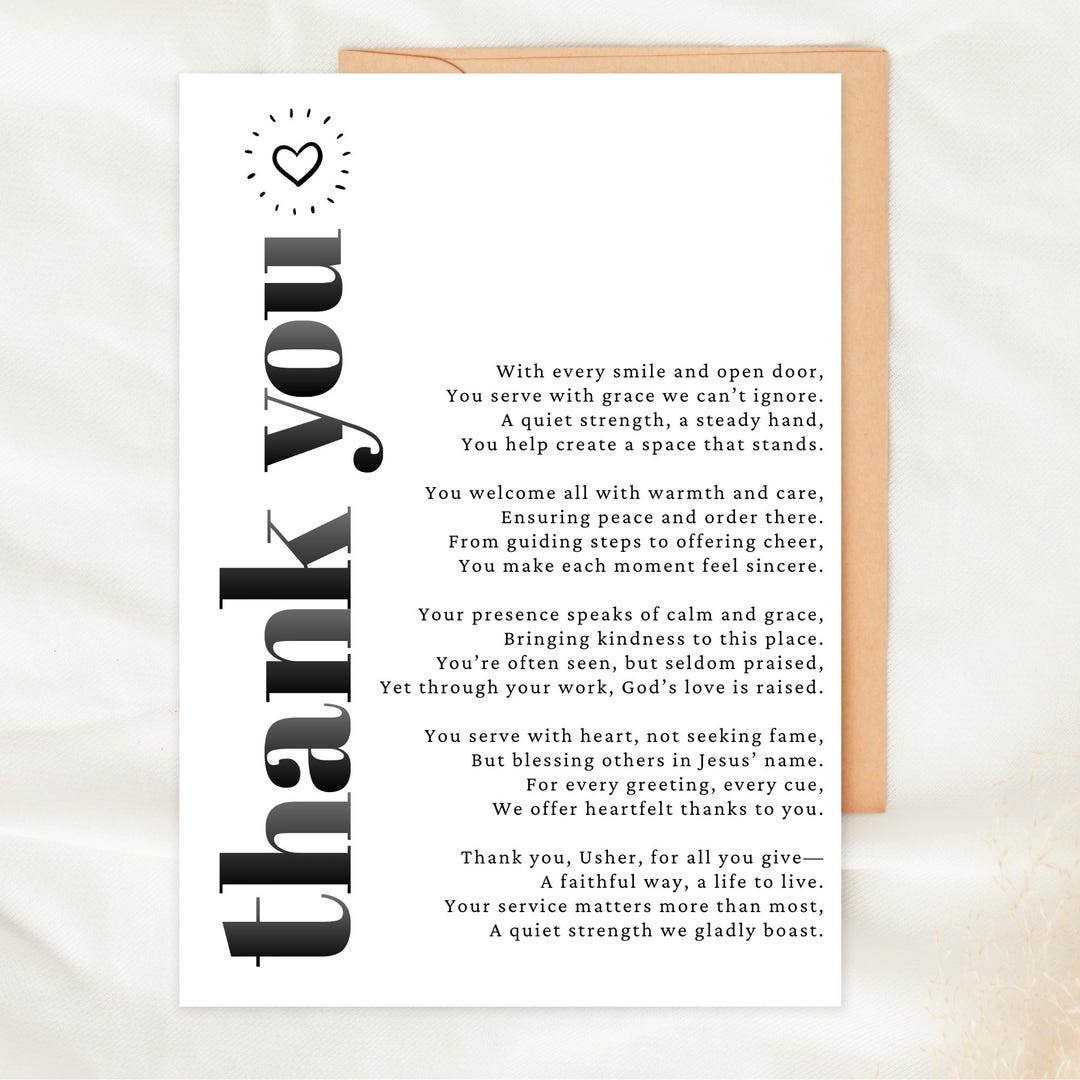 Usher Thank You Card Printable Christian Poem Greeting Card ...